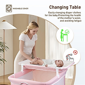 Uuoeebb 4 in 1 Bedside Bassinet for Baby, Portable Baby Bassinet with Wheels, Baby Crib with Changing Station, Mattress Included and Storage, Foldable Travel Bassinet for Baby/Infant/Newborn-Pink