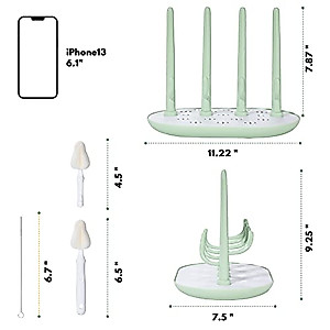 Jumperlay Baby Bottle Drying Rack with 2 Pack Sponge Brush and 2 Pack Straw Cleaner Brushes, High Capacity Countertop Bottle Dryer Holder for 4 Sets of Baby Bottles and Accessories, Green