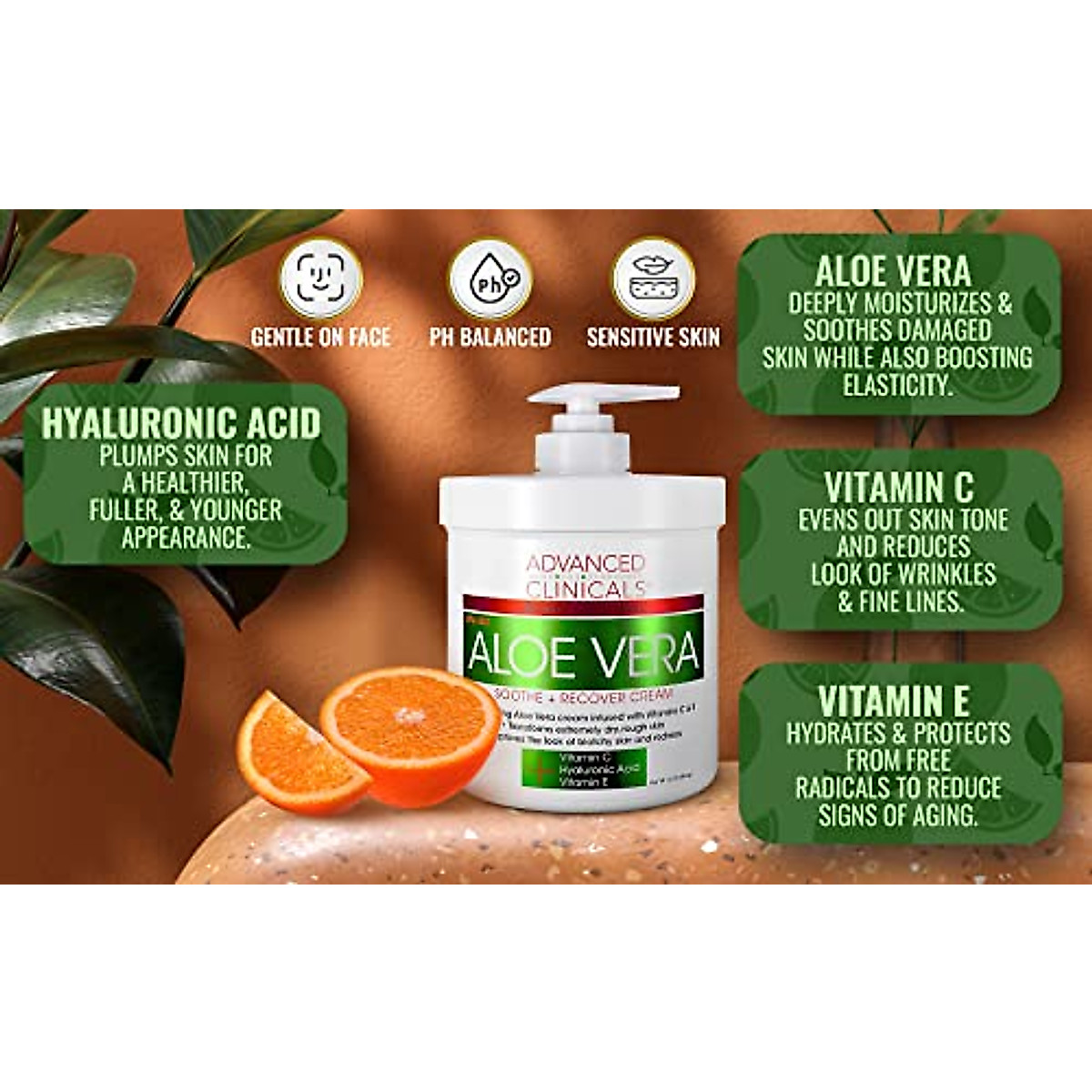 Advanced Clinicals Aloe Vera + Vitamin C + Hyaluronic Acid Face & Body Cream Moisturizing Skin Care Lotion, Skincare Moisturizer For Dry Skin, Age Spots, Blotchy Skin, & Sun Damaged Skin, Large 16 Oz