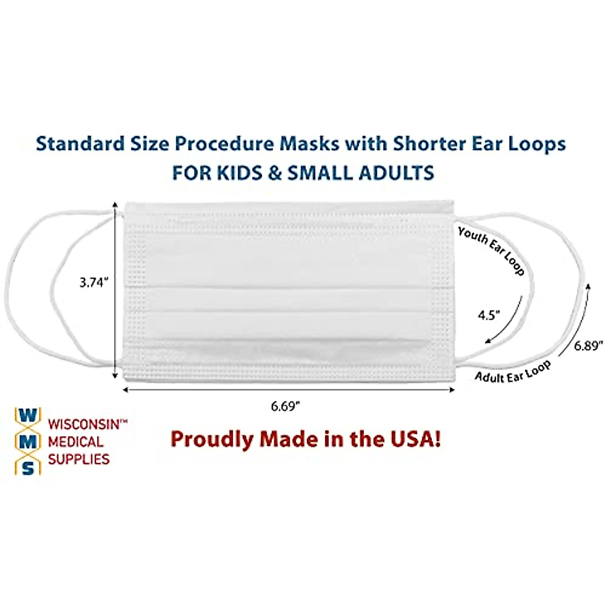 WMS Small Ear Loop 4-Layer Youth Face Masks, Wisconsin Medical Supplies, MADE IN USA, 1 Pack (50 Masks)