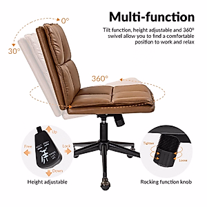 HULALA HOME Modern Faux Leather Home Office Chair with Tilt Lock & Metal Base, Armless Criss Cross Legged Desk Chair with Wheels & Padded Cushion, 360° Swivel Wide Seat Computer Task Chair, Camel