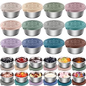 Maxcheck 24 Pack 2.4 oz Salad Dressing Container with Leakproof Silicone Lids Small Condiment Containers Reusable Stainless Steel Sauce Cup Bulk for Lunch Bento Box Picnic Travel (Morandi Color)