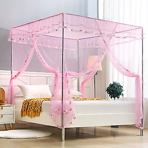 JQWUPUP Twin Canopy Bed Curtains - 4 Corner Canopy for Beds, Bed Canopy for Girls Adults, Bedroom Decor (Twin Size, Pink)