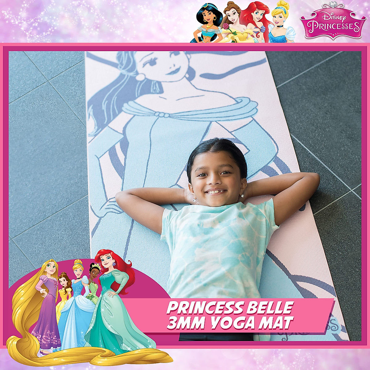 Disney Princess Belle Kids Yoga Mat Non Slip, All Purpose PVC Fitness and Workout Mat for Boys and Girls, Pink, 3 mm
