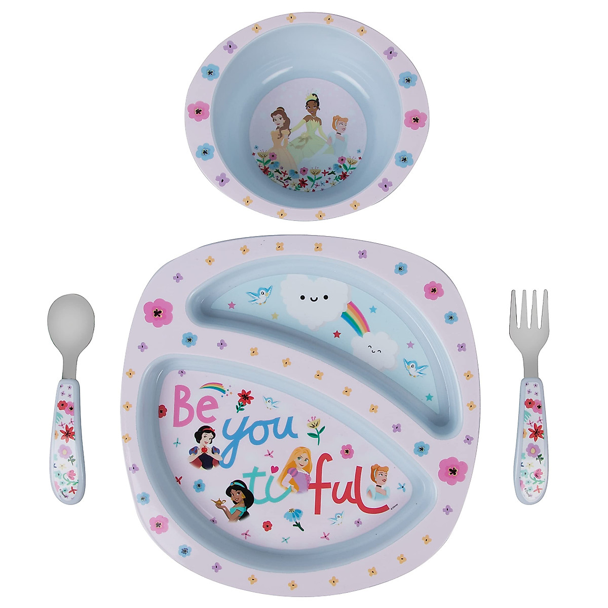 The First Years Disney Princess 4-Piece Toddler Dinnerware Set - Dishwasher Safe Bowl, Plate, Fork & Spoon - 4 Count