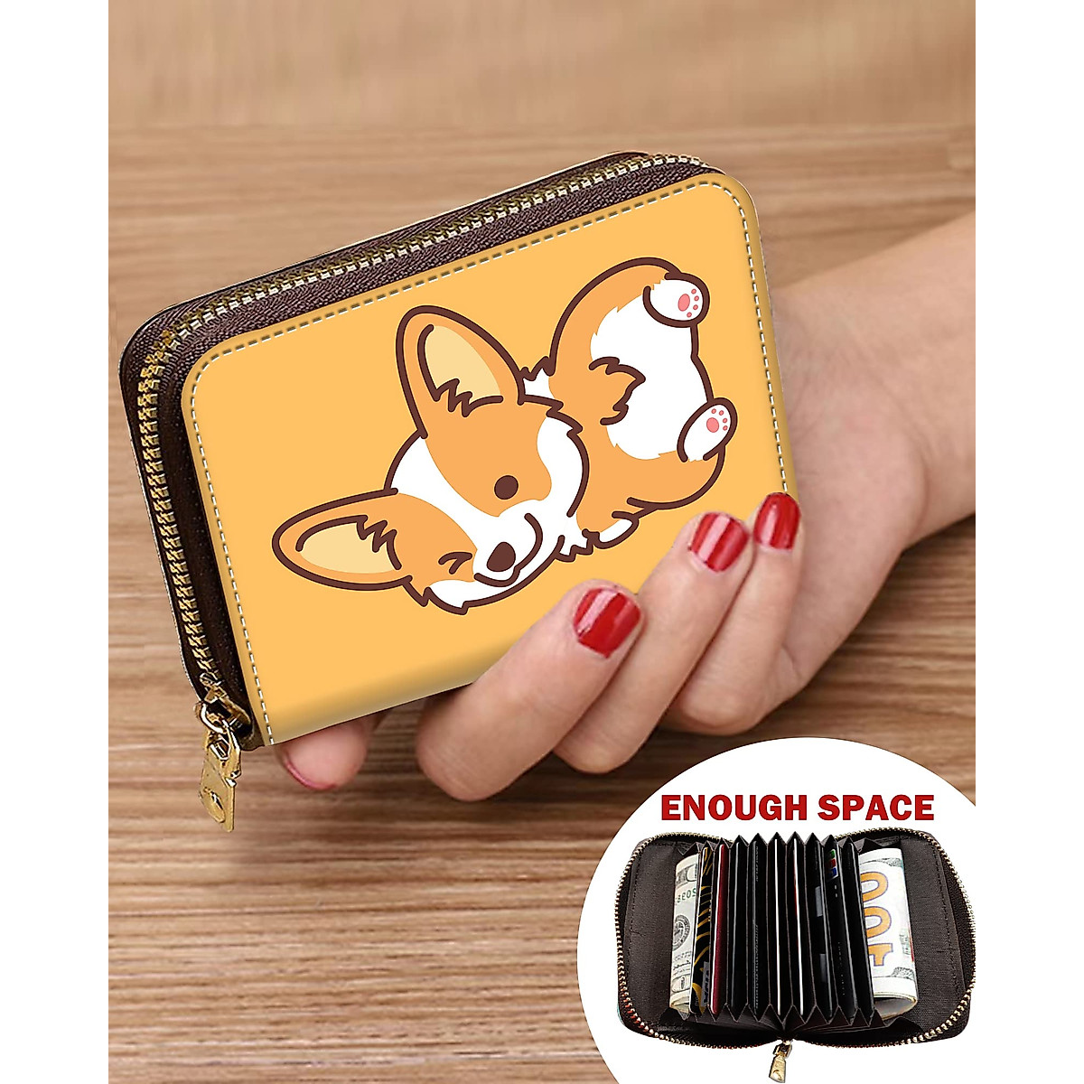 COYEUX Credit Card Wallet, Zipper Credit Card Holder For Mens And Womens, Compact Size RFID Blocking For Travelling (Cute Corgi)