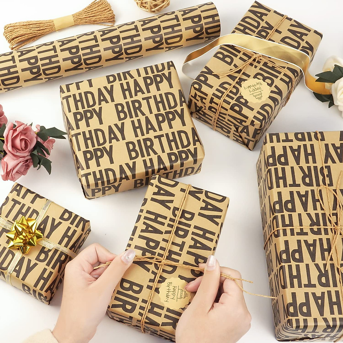 Birthday Wrapping Paper Roll, Black Kraft Gift Wrapping Paper Jumbo Roll, Black Happy Birthday Wrapping Paper Set Black Wrapping Paper for Boys Men Women Girls Birthday, 17x590 inch (70 sq. ft.)