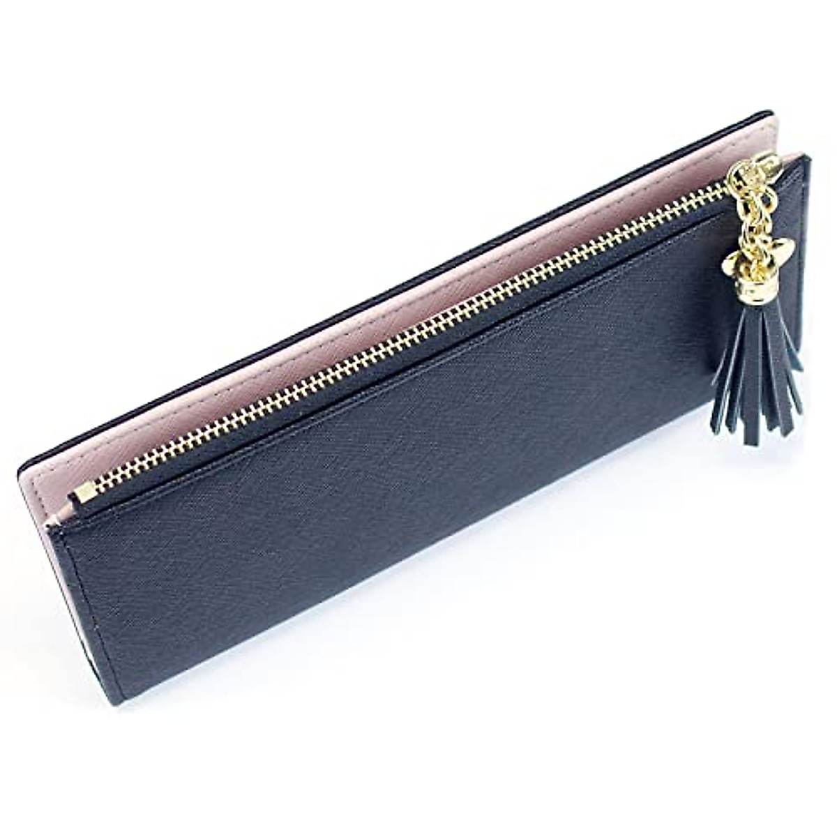 SUMGOGO Slim Wallet for Women Long Tassel Zipper Clutch Purse Handbag Card Case Wallet (Black)