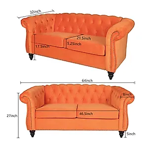 RARZOE Traditional Chesterfield Loveseat Sofa, Modern Vintage Chesterfield Button Tufted Velvet Couch with Nailhead Trim Scrolled Arms for Living Room Bedroom Office(Orange)