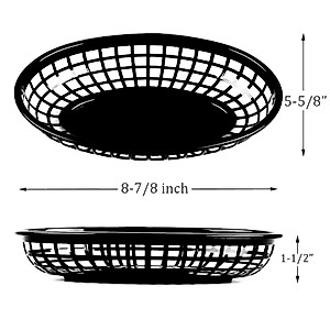 Kingrol 30 Black Oval Fast Food Baskets w/ 250 Black Checkered Deli Liners, 8.9 x 5.6 x 1.5 Inch Plastic Platter, Storage Basket Bin for Home, Office, School, Picnic