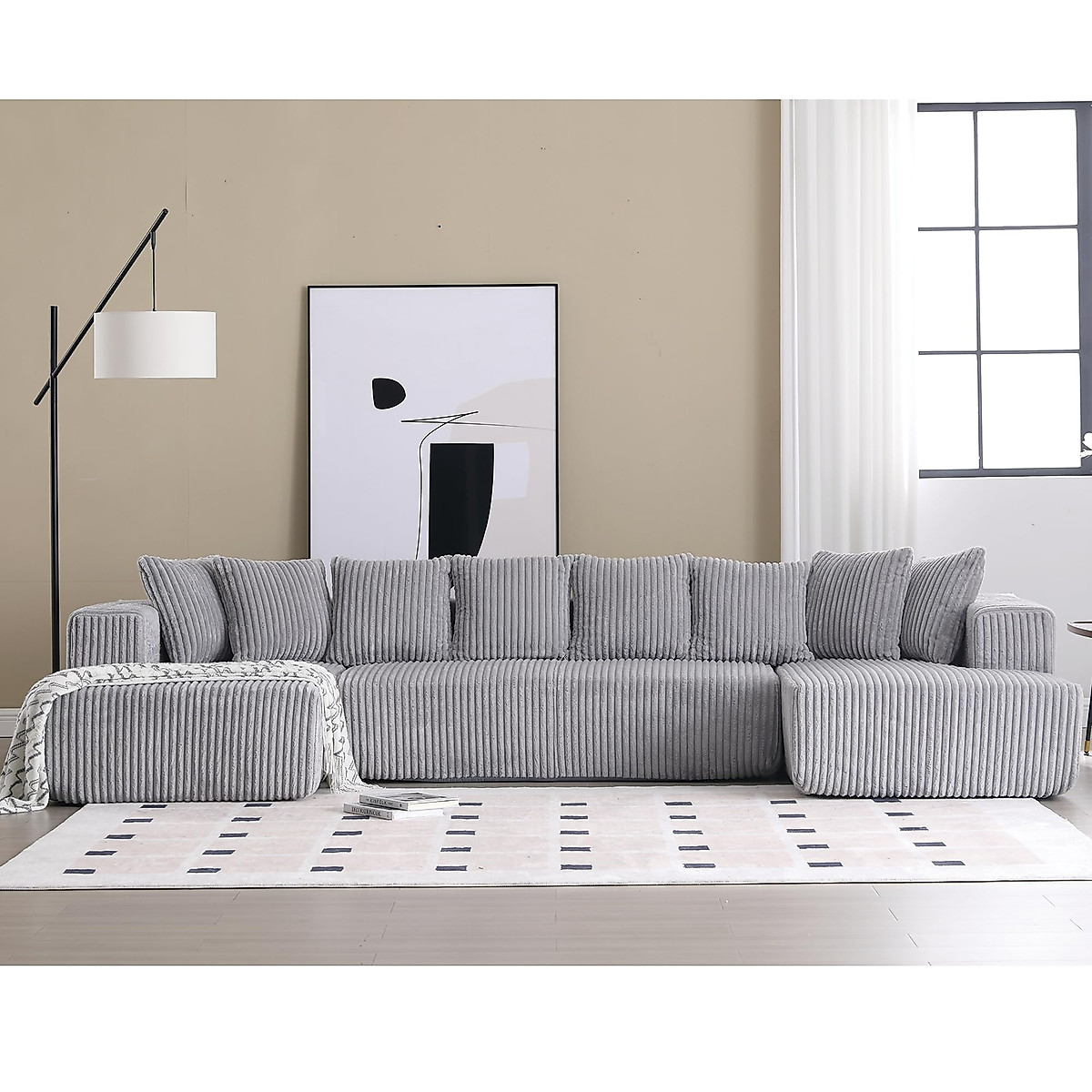 BAMOOLI 131'' Modular Sectional Couch, Modern U-Shaped Floor Sofa with Double Chaise Lounge, Comfy Corduroy Fabric Sofa Couch, Upholstered Corner Free Combination Sofa for Living Room, Apartment, Grey
