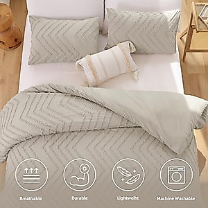 YIRDDEO Boho Chevron Comforter Set Queen Size, 3Pcs Vertical Tufted Lightweight Cream Neutral Bed Set (1 Comforter, 2 Pillowcases)