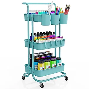 3-Tier Rolling Mobile Utility Cart with Hanging Cups & Hooks & Handle Multifunctional Organizer Storage Trolley Service Cart with Wheels Easy Assembly for Office, Bathroom, Kitchen (Blue)