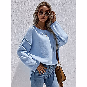 ECOWISH Womens Sweaters Loose Fit Long Sleeve Pullover Crew Neck Knit Sweater with Pockets 217 Blue X-Large