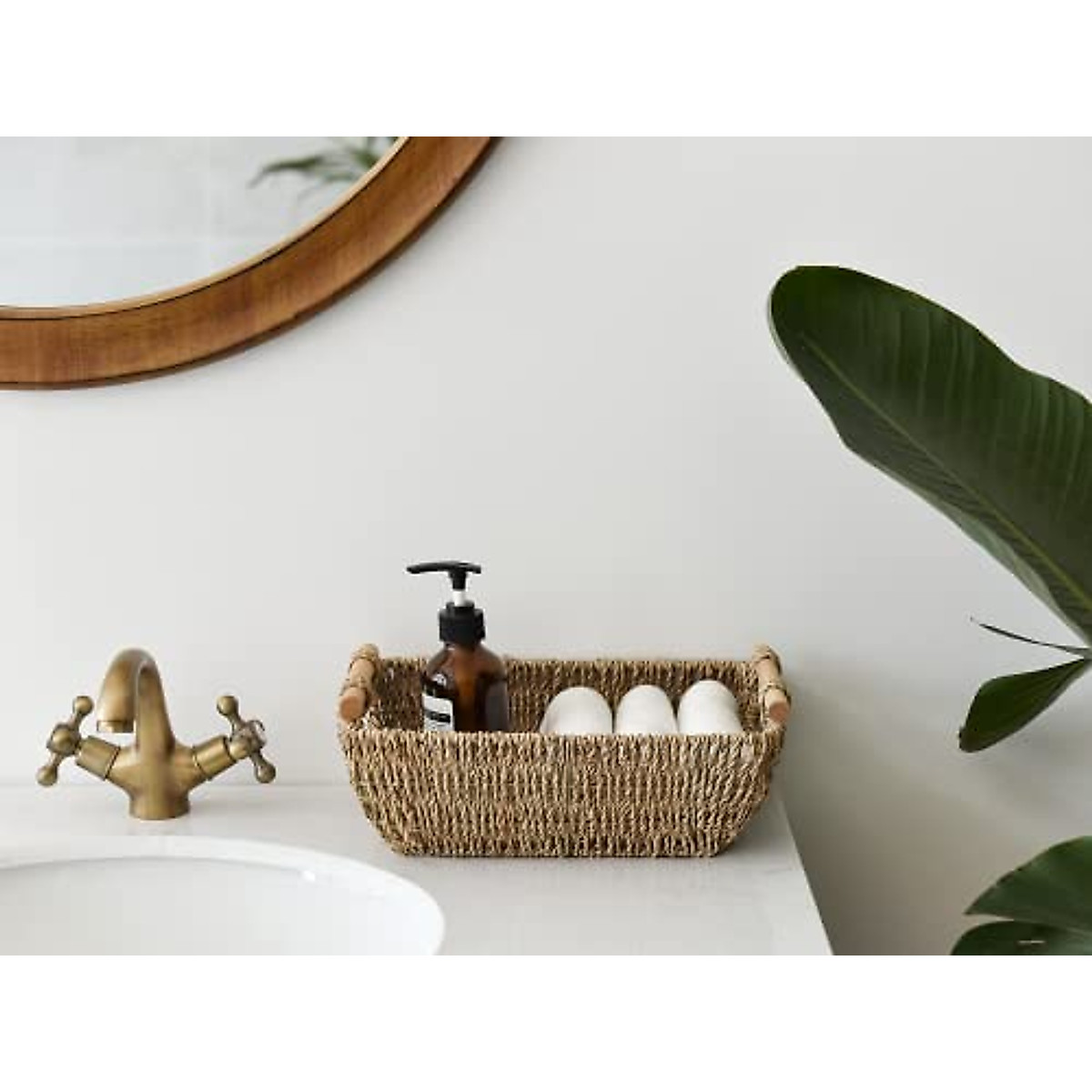 StorageWorks Small Wicker Baskets, Handwoven Baskets for Storage, Seagrass Rattan Baskets with Wooden Handles, 2-Pack