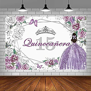 Sendy 7x5ft Quinceanera 15th Birthday Backdrop for Sweet Girl Mis Quince Anos 15th Party Decorations Purple Silver Glitter Floral Crown Butterfly Banner Photography Background Cake Table Prop