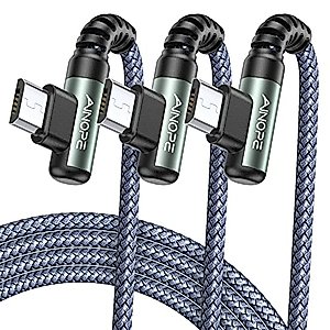 AINOPE Micro USB Cable, (3-Pack, 6.6ft/6.6ft/10ft) Micro USB Charging Cable Right Angle, High Speed Durable Nylon Braided Android Charger Compatible for Fire Tablet, Kindle, Samsung Galaxy S7 S6