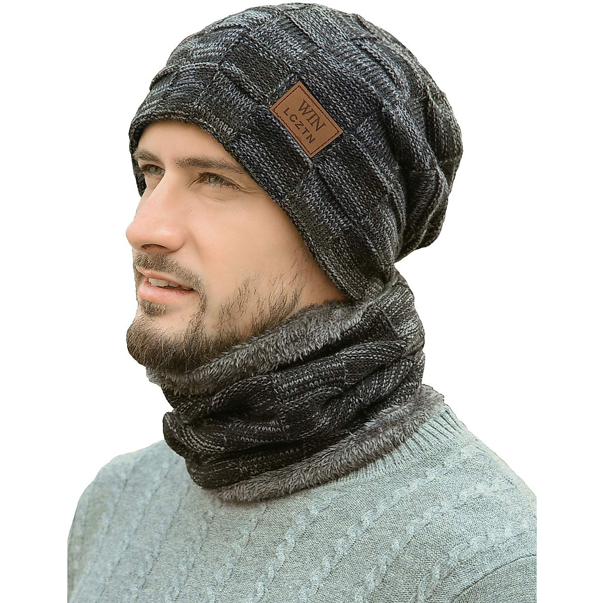 LCZTN Mens Winter Beanie Hat Scarf Set Warm Fleece Lined Knit Ski Hats Slouchy Skull Cap for Unisex Gift (Black)