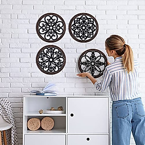 4 Pieces Thicken Rustic Wall Decor Farmhouse Wall Art Decor Wooden Hollow Carved Design Rustic Round Wall Art for Living Room Bedroom Hallway Decor Office Kitchen Wall Decoration (Black, Brown)