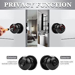 Probrico 6 Pack Round Privacy Door Knob(Thumb Turn Lock on The Inside), Keyless Doorknobs Interior/Exterior Lockset,Privacy Knobs for Bedroom/Bathroom,Black Modern Design Door Hardware