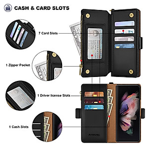 Antsturdy Compatible with Samsung Galaxy Z Fold 3 5G Case Wallet Women with【S Pen Holder】 Phone Case with Card Holder Strap PU Leather RFID Blocking Flip Folio Cover Credit Slots Men,Black