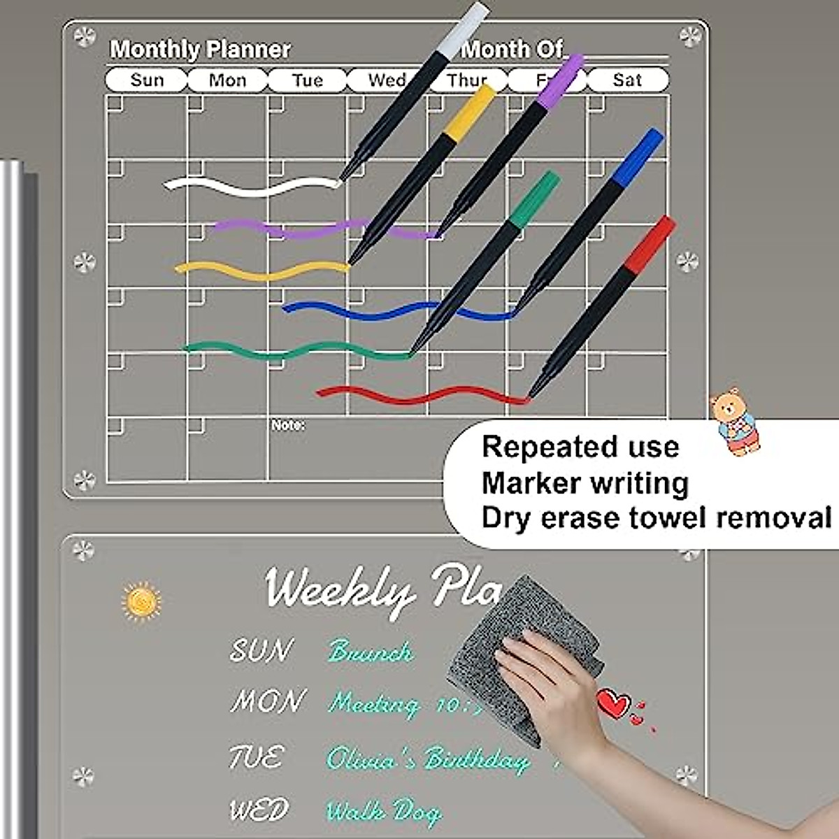 Merrynine 2 Pack Magnetic Calendar for Refrigerator,Acrylic Fridge Calendar,Clear Dry Erase Reusable Planning Boards with 6 Marker Pen,Case,Towel,2 Screw Stickers (16"X12", Monthly + Blank Memo)