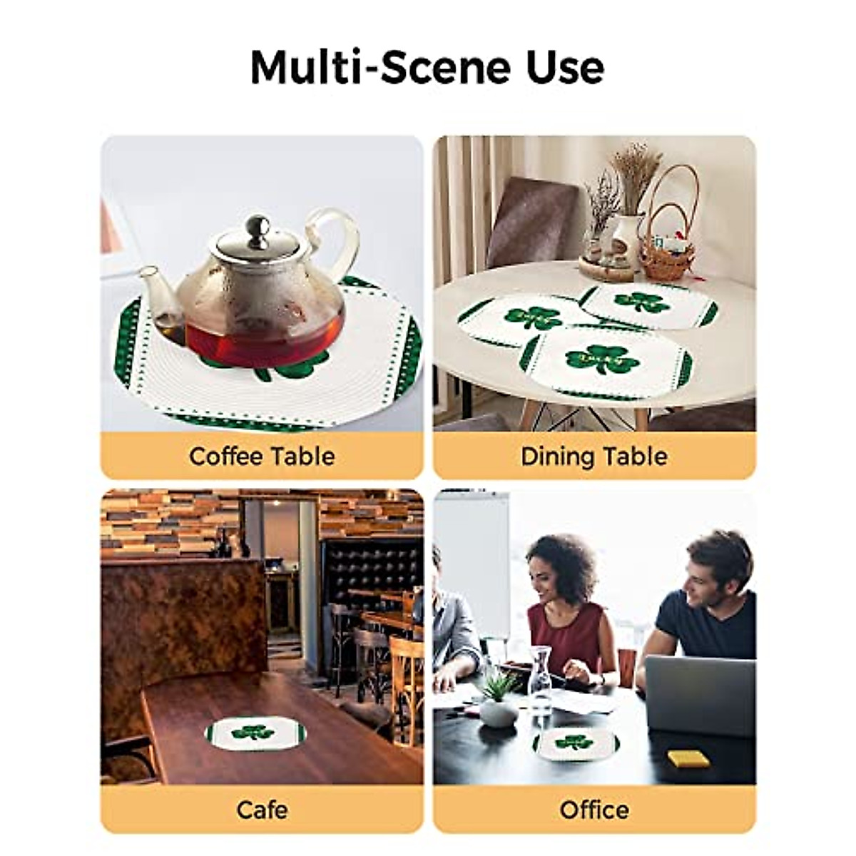 15" Round Braided Placemats Set of 2 St. Patrick Clover Shamrocks Classic Stylish Woven Place Mats Table Mats Set-Thick Heat Resistant Kitchen Trivet Hot Pads Pot Holder for Dining Tables