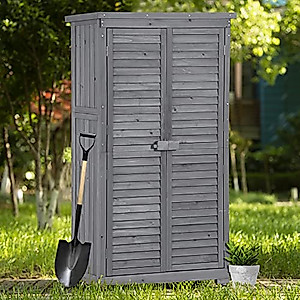 Merax Wooden Garden Shed 3-Tier Patio Storage Cabinet Outdoor Organizer Wooden Lockers with Fir Wood (Gray Wood Color -Shutter Design)