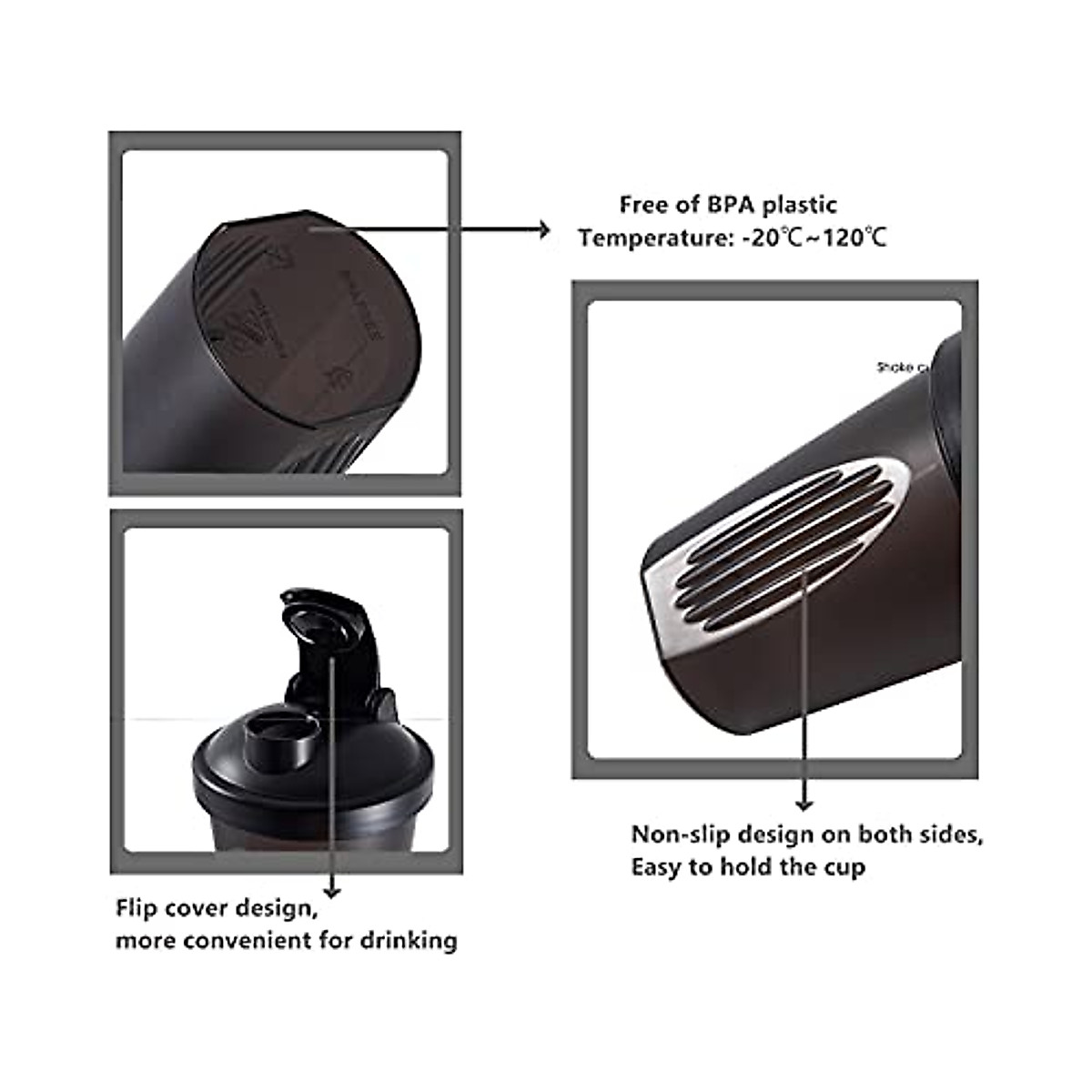 GAISHION Shaker Bottle Protein Shakes and 16-Ounce/400ML Shaker Bottle with Whisk Balls,Free of BPA plastic (Black+Yellow(2PCS))