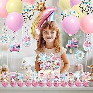 JUYRLE Four Ever Sweet Birthday Decorations Girl, 4th Birthday Decorations Include Ice Cream Donut Banner Cake Toppers Hanging Swirls Latex Foil Balloons, 4 Year Old Birthday Decorations