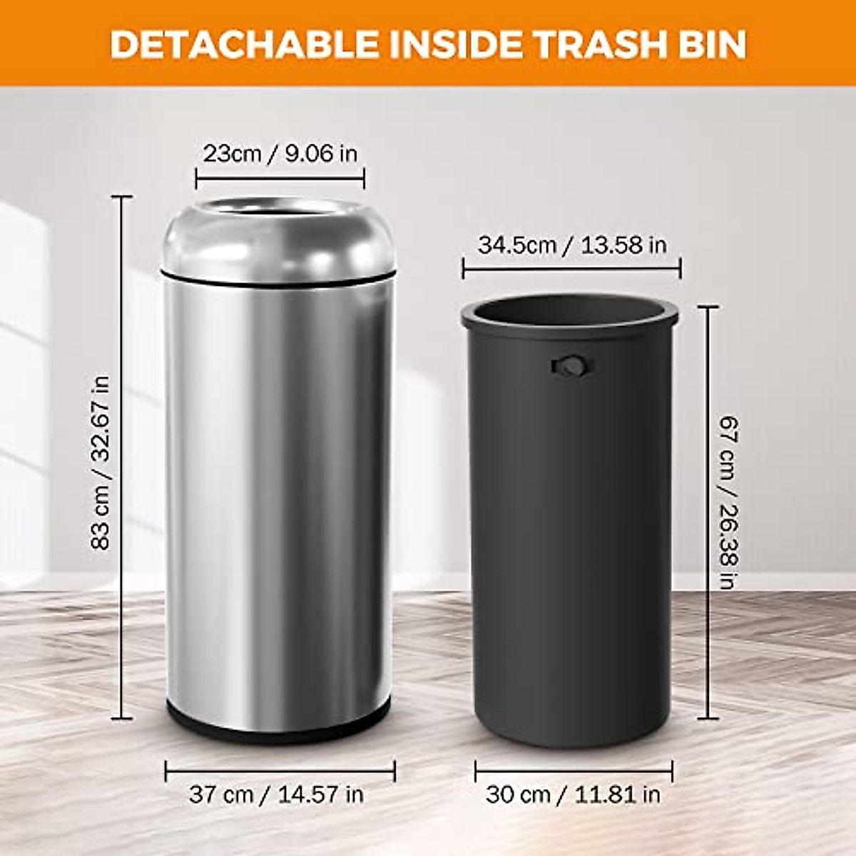 BEAMNOVA Bundle Metallic 15 x 31.5 in + Metallic 9.8 * 2.4 in Trash Can Outdoor Indoor Garbage Enclosure with Lid Inside Barrel Stainless Steel Industrial Waste Container
