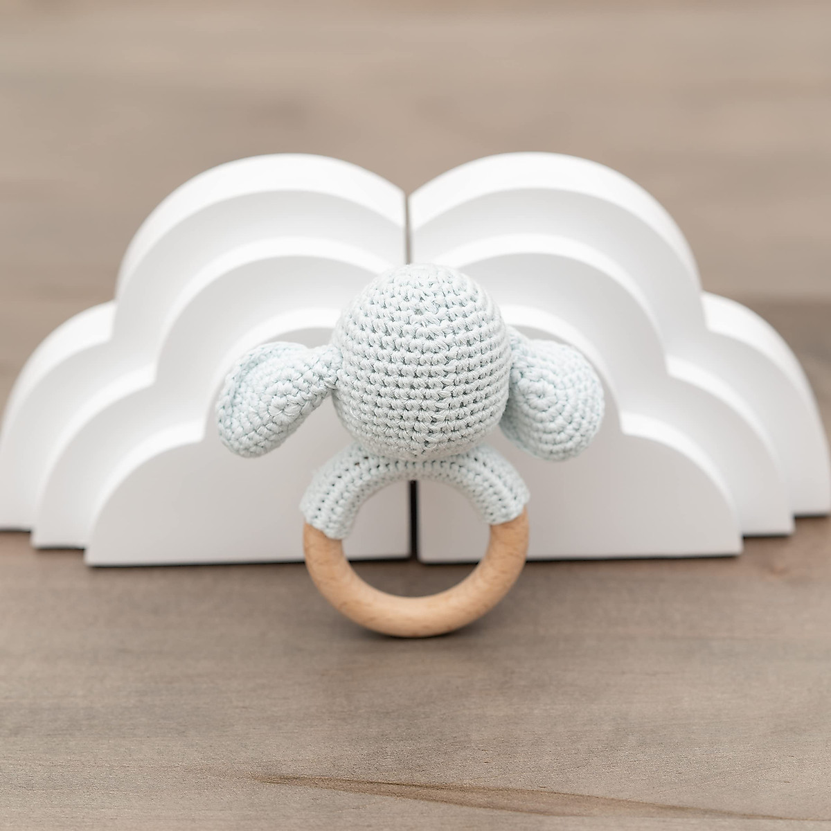 KawaiOnO - Handmade Cotton Crochet Amigurumi Rattler, Educational Baby Stuff, Blue Elephant Stuffed Animals with Wooden Handle, Ideal Baby Boy Stuff for New Moms and Parents