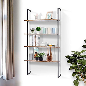 ZenStyle 4-Shelf Bookcase, Industrial Floating Shelves Wall Mount with MDF Wood and Black Metal Frame, Nutmeg/Black