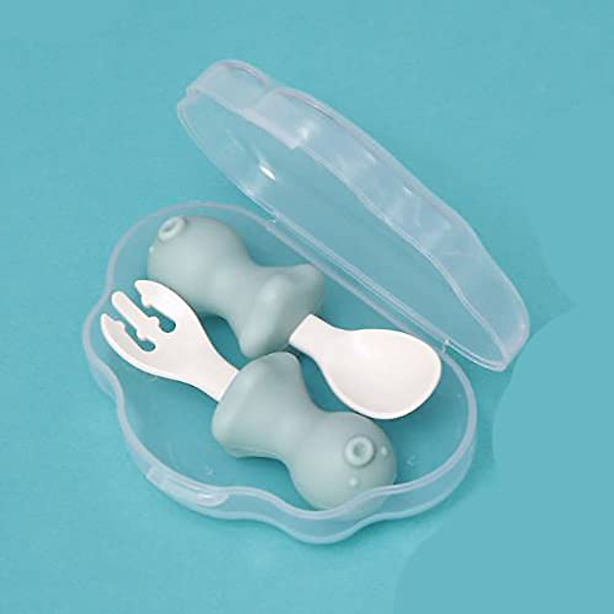 Edison Friends Self-Feeding Silicon Spoon and Fork Set with Case, 100% Platinum Silicon, Octopus Shape (Mint), Made in Korea