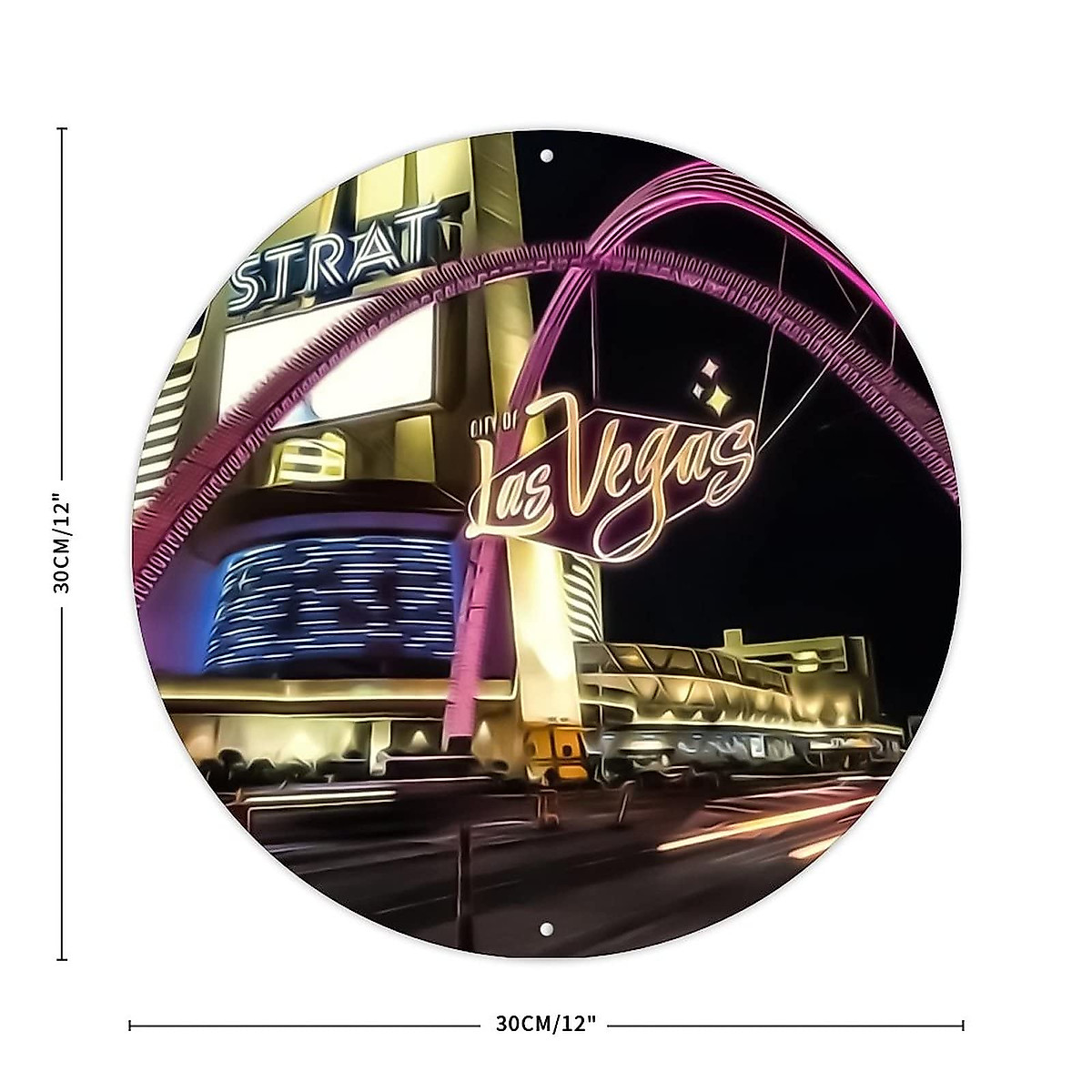 CowkissSign USA City Casino Las Vegas Round Aluminum Art Signs City in Nevada State Metal Tin Sign Country Souvenir Gift Tin Metal Sign for Bedroom Yard Garage Garden 12x12in