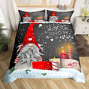 Erosebridal Xmas Bedding Sets Scandinavian Christmas Santa Gnomes Comforter Cover Snowing Santa Claus Bedding Sets for Kids Boys Girls Romantic Candlelight Quilt Cover 3 Pieces Full Size
