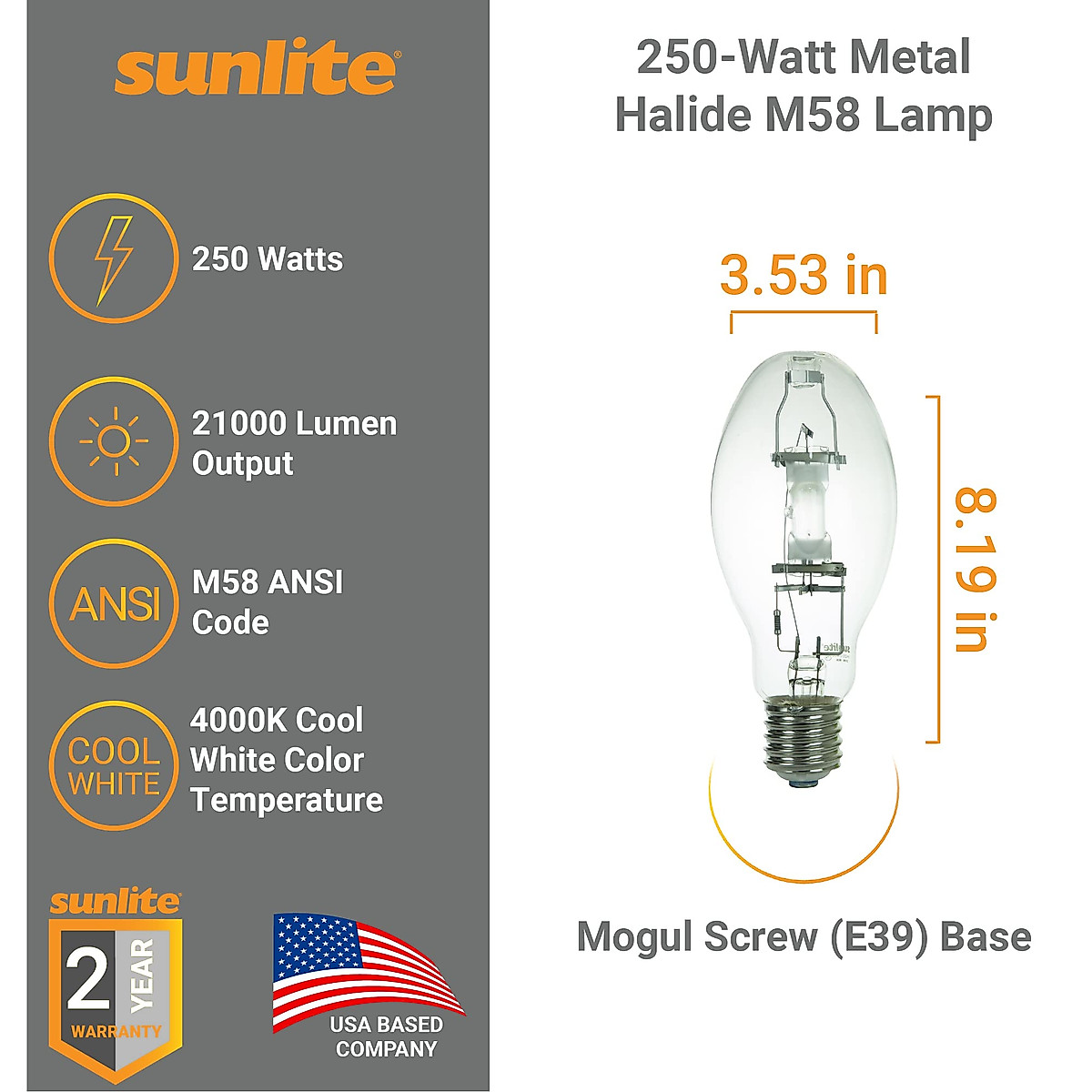 Sunlite MH250/U/MOG M58 Metal Halide Lamp, 250 Watts, Mogul Base (E39), ED28, 15,000 Hour Life Span, 21000 Lumen, Clear Finish, 4000K, 2 Pack