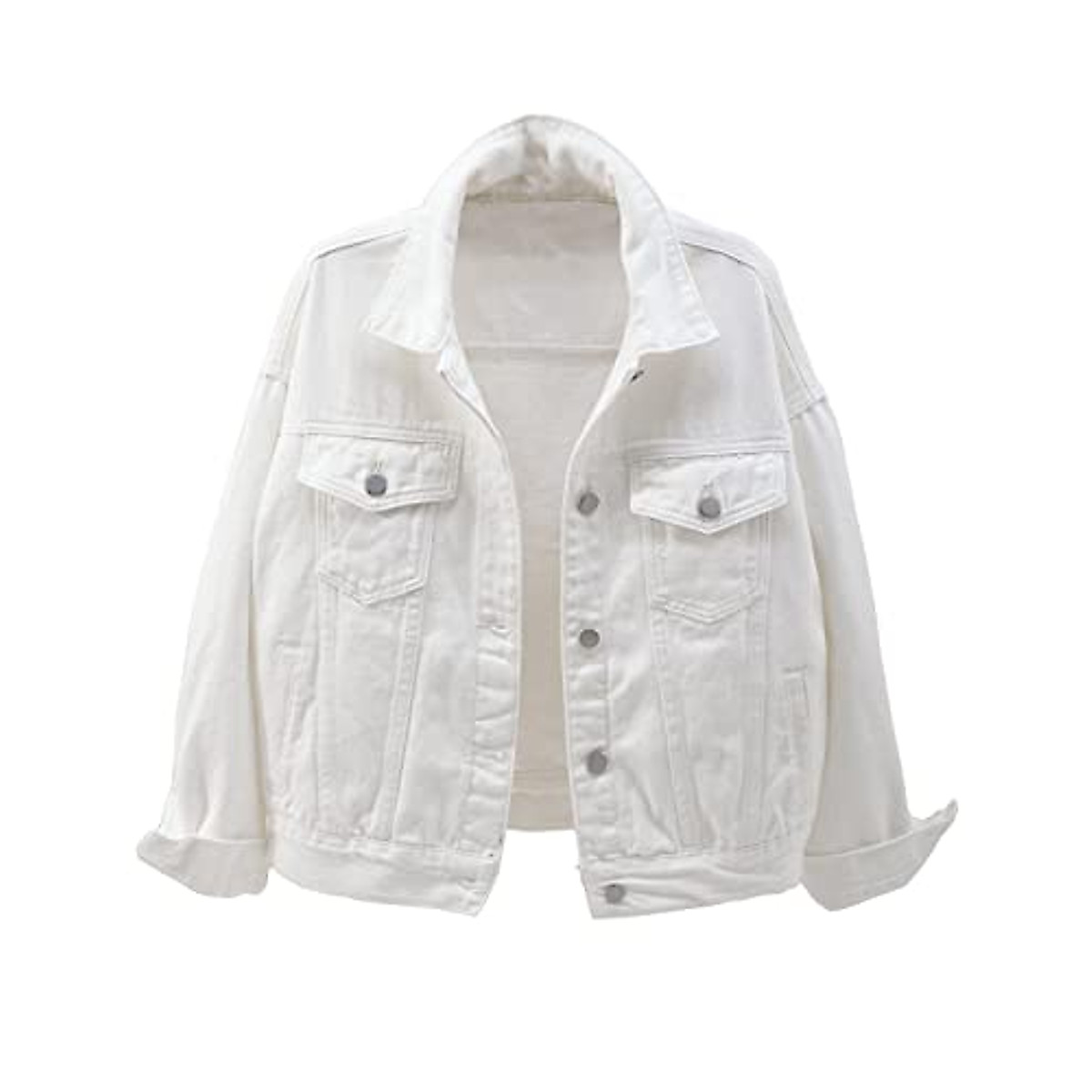 Locachy Women's Casual Denim Jacket Solid Color Basic Long Sleeve Jean Jacket Coat White XL