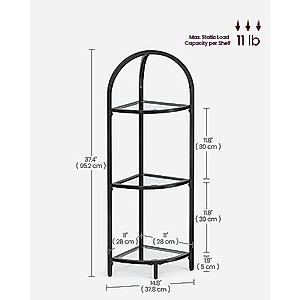 VASAGLE 3-Tier Corner Shelf Stand, Corner Bookshelf, Bathroom Organizer, Plant Stand, Tempered Glass, Steel Frame, Modern Style, for Living Room, Bathroom, Kitchen, Classic Black ULGT811B61
