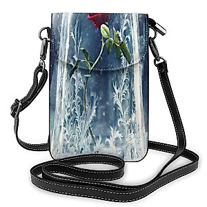Perfect Gift - Stylish Beauty The Beast Rose Cell Phone Purse Wallet Big Pocket Small Crossbody Bags Adjustable Shoulder Strap Cellphone Pouch With Card Slots