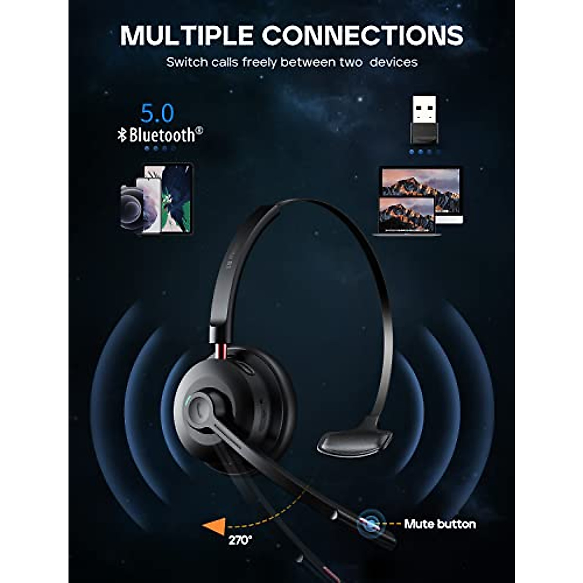 Tribit Bluetooth Headset, Wireless Headset with Microphone Qualcomm CVC 8.0 AI Noise Canceling for Trucker Office, 50H Talk Time Mute Button Headset with Adapter for Computer Cell Phones, CallElite81