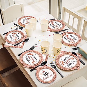 96 Pcs 50 and Fabulous Birthday Party Plates Napkins Tableware Set Rose Gold 50th Birthday Supplies Disposable Dinnerware Fifty Birthday Decoration Favors for Women, 24 Guests