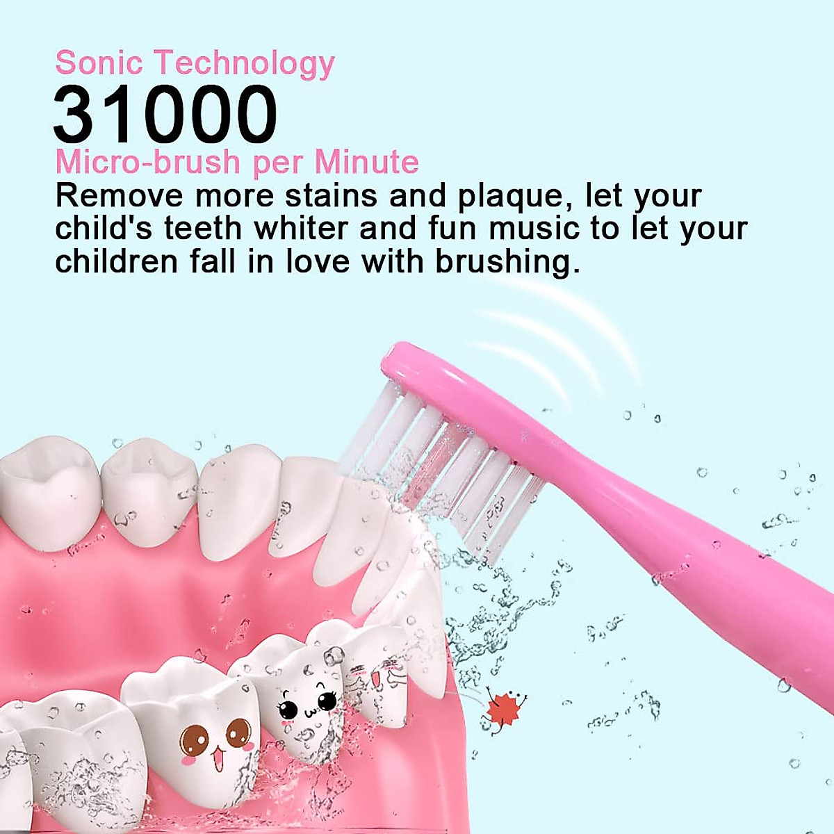 OJV 8620 Musical Electric Toothbrushes for Kids Children, 3 Modes 2 Min Timer, 6 Bristles Rechargeable Power Smart Sonic Music Play Song Toothbrush for Girls Age 3-14 with Wall Mounted Holder (Pink)