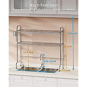 Ace Teah Over The Sink Dish Drying Rack 2-Tier Large Over Sink Dish Rack for Kitchen Organizer, Above Sink Dish Drainer Stainless Steel with Utensil Holder Hooks, Silver
