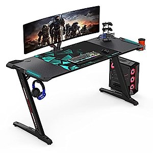 It's_Organized Gaming Desk 60 inch,Racing Style Gaming Computer Desk with RGB LED Lights,Z Shaped Professional Gamer Workstation with Mouse Pad,Handle Rack,Cup Holder,Headphone Hook,Black