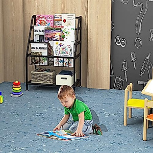 Azheruol Kids Bookshelf Freestanding for Children Room 25 Inches Black Metal Bookcase Large Capacity Books Toys Organizer Stable 5 Tiers Kids Book Rack for Playroom Bookstore Library.