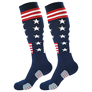 BUENWAZ Knee High American Flag Baseball Socks for Men Athletic Cushioned Patriotic Over the Calf Socks for Softball Football Soccer (Stars & Stripes)