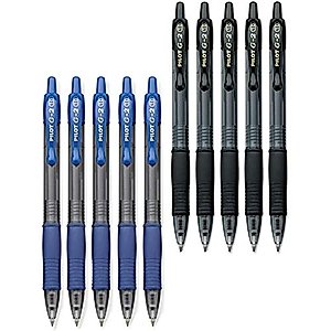 Pilot G2 pens retractable Gel Roller ballpoint Bold pt 1.0 Black & Blue Bundle, (Total 10 COUNT)
