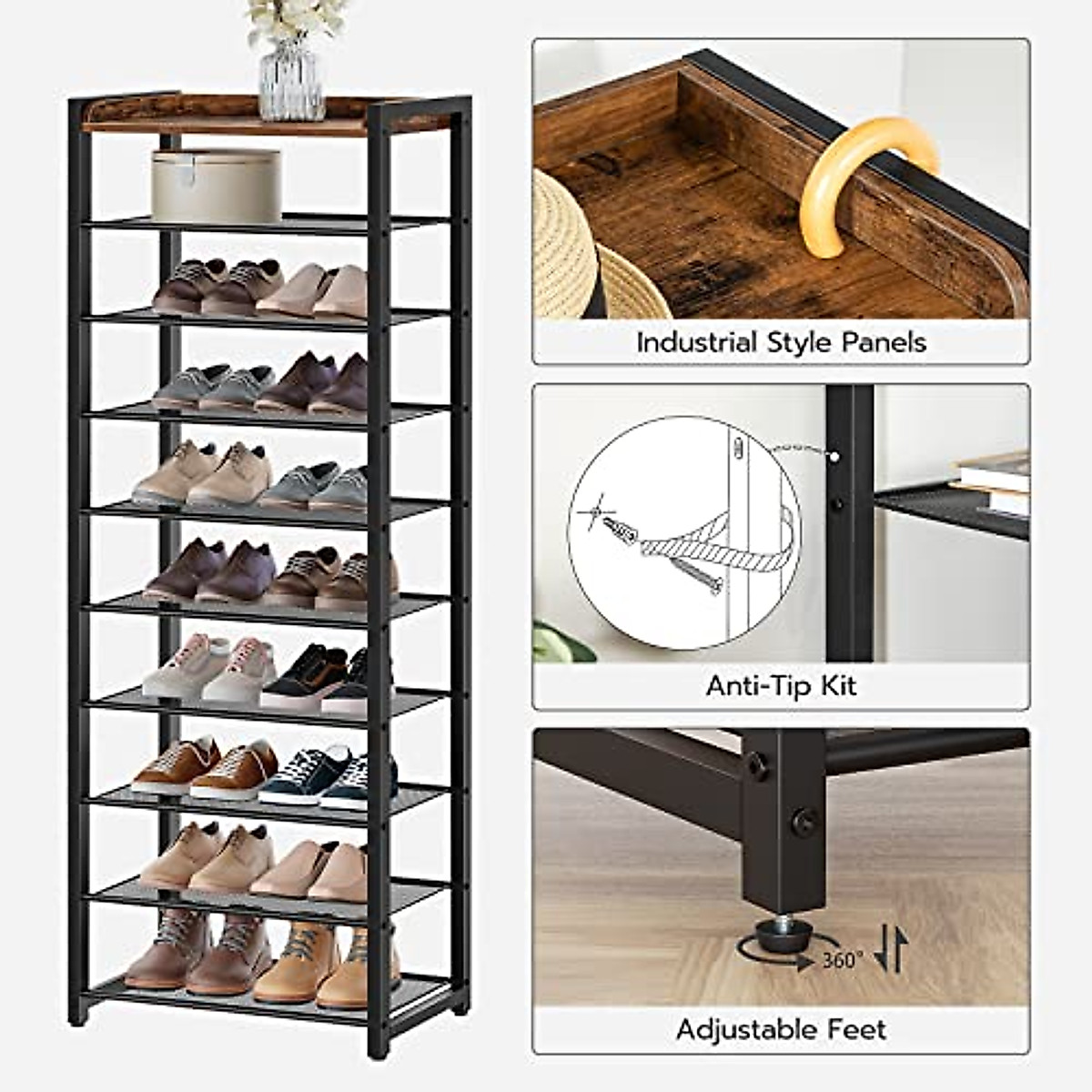 HOOBRO 10 Tier Shoe Rack, Narrow Shoe Storage Organizer with 9 Metal Shelves, Saving Space, Stable and Sturdy, Hold 18-27 Pairs of Shoes, for Entryway, Hallway, Living Room, Rustic Brown BF40XJ01