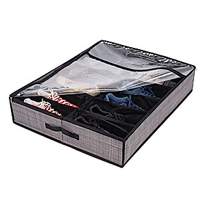 Internet's Best Under the Bed Shoe Storage Organizer - 12 Pair/Pockets - Zipper Closure Clear Cover - Grey